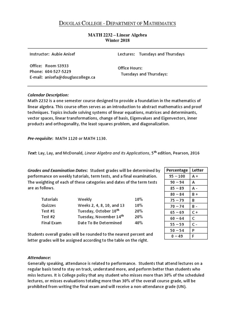 Math 2232: Linear Algebra Course Outline | PDF | Linear Subspace ...