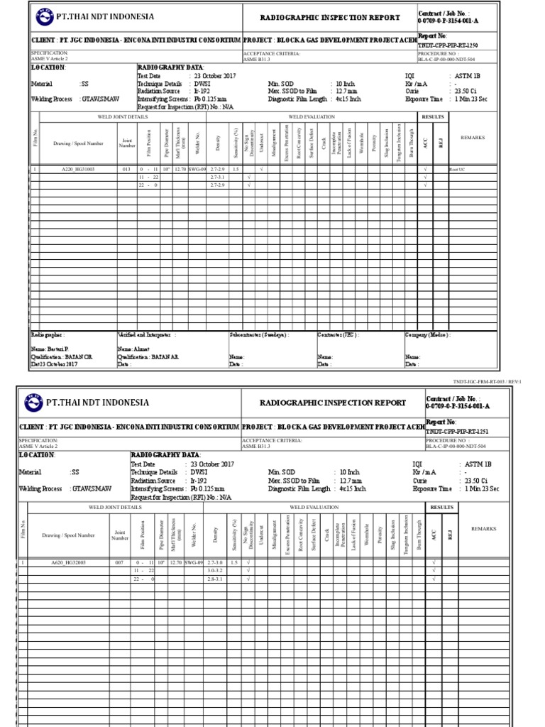 Radiographic Inspection Report: TNDT-CPP-PIP-RT-1250 | PDF | Welding ...