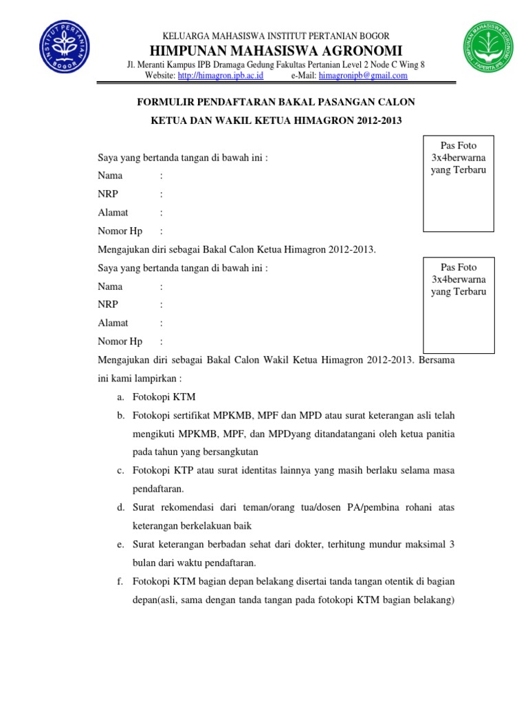 Formulir Pendaftaran Bakal Calon Ketua Dan Wakil Ketua Himagron | PDF ...