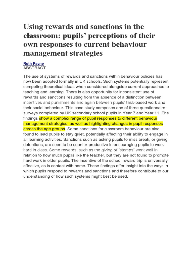 Using Rewards and Sanctions in The Classroom: Pupils' Perceptions of ...