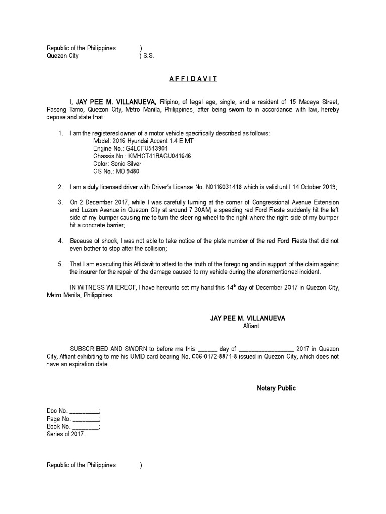 Affidavit For Car Insurance Claim | PDF | Motor Vehicle | Automobiles