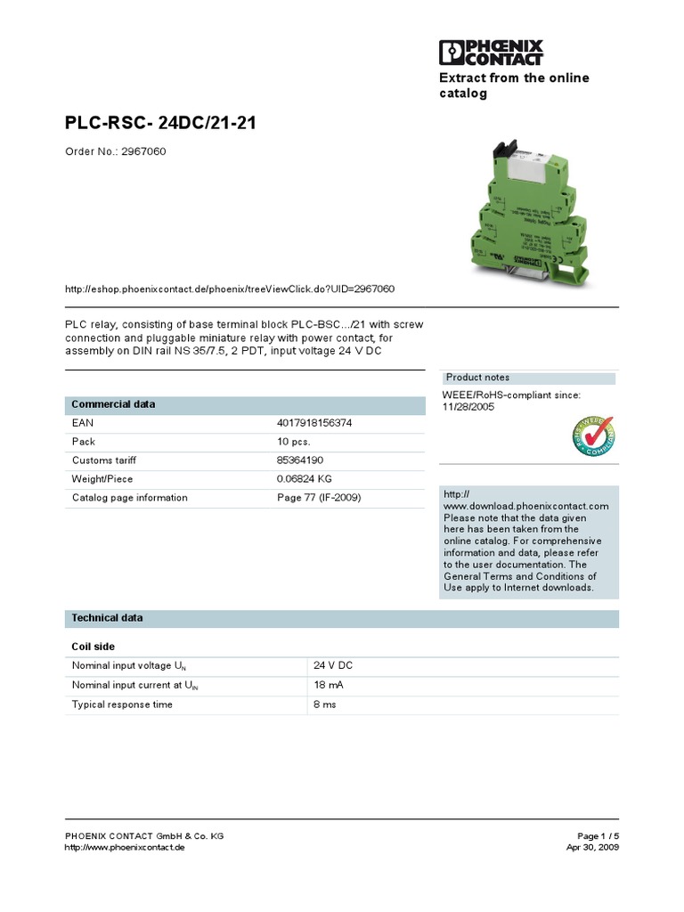 Phoenix Contact 2967060 Datasheet | PDF | Relay | Electrical Engineering