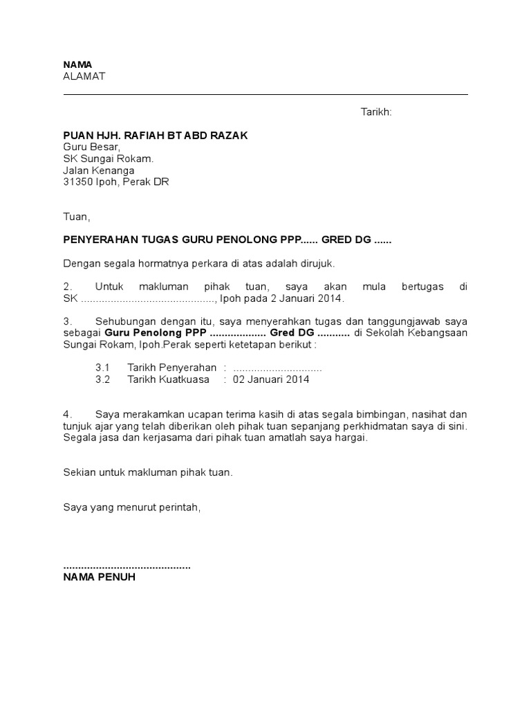 Nota Serahan Tugas dan Tanggungjawab Guru Penolong PPP di SK Sungai ...