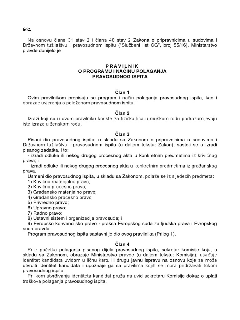 Pravilnik o Programu I Načinu Polaganja Pravosudnog Ispita | PDF