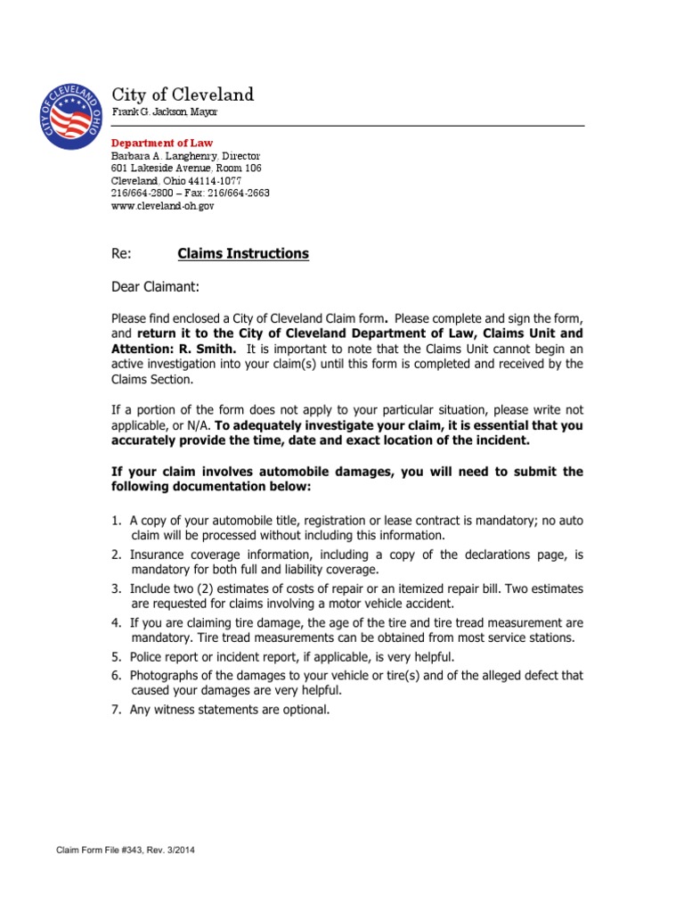 City of Cleveland Pothole Claim Form | PDF | Deductible | Vehicle Insurance