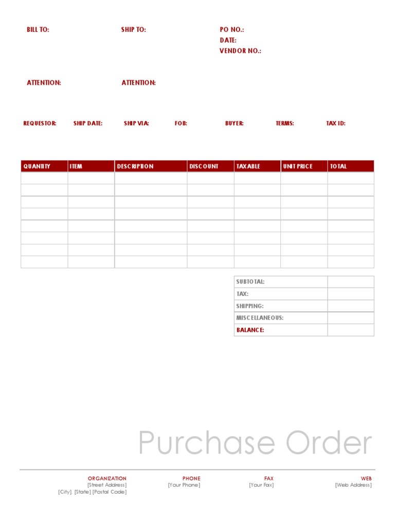Purchase Order: Bill To: Ship To: Po No.: Date: Vendor No. | PDF ...