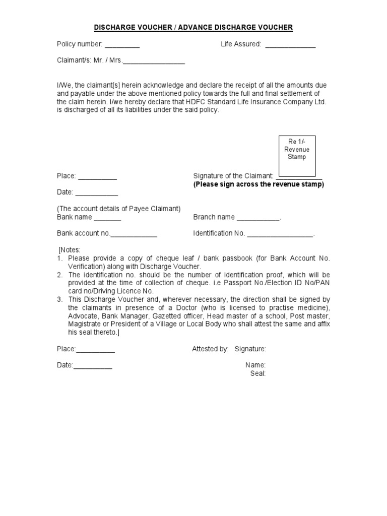 Discharge Voucher for Insurance Claim | PDF | Identity Document ...