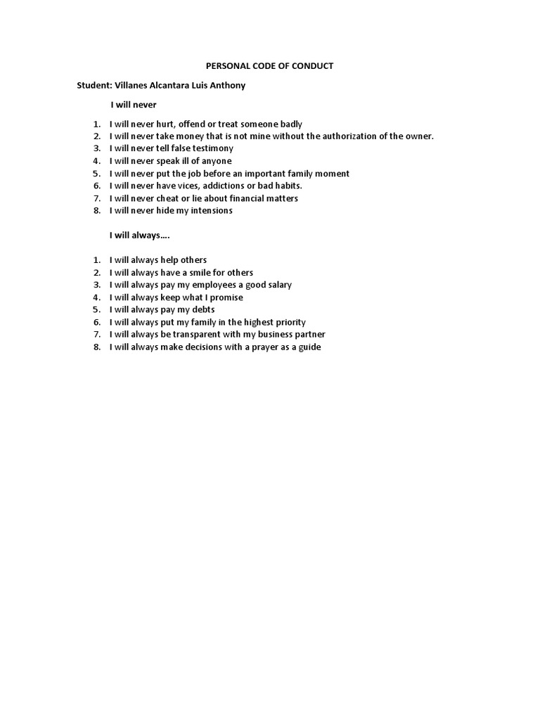 Personal Code of Conduct Student: Villanes Alcantara Luis Anthony I ...