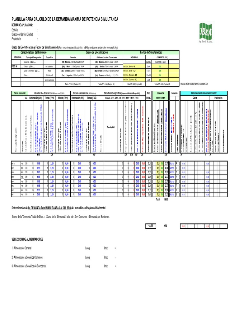 Planilla de Cargas Edificio PDF | PDF | Vatio | Corriente eléctrica