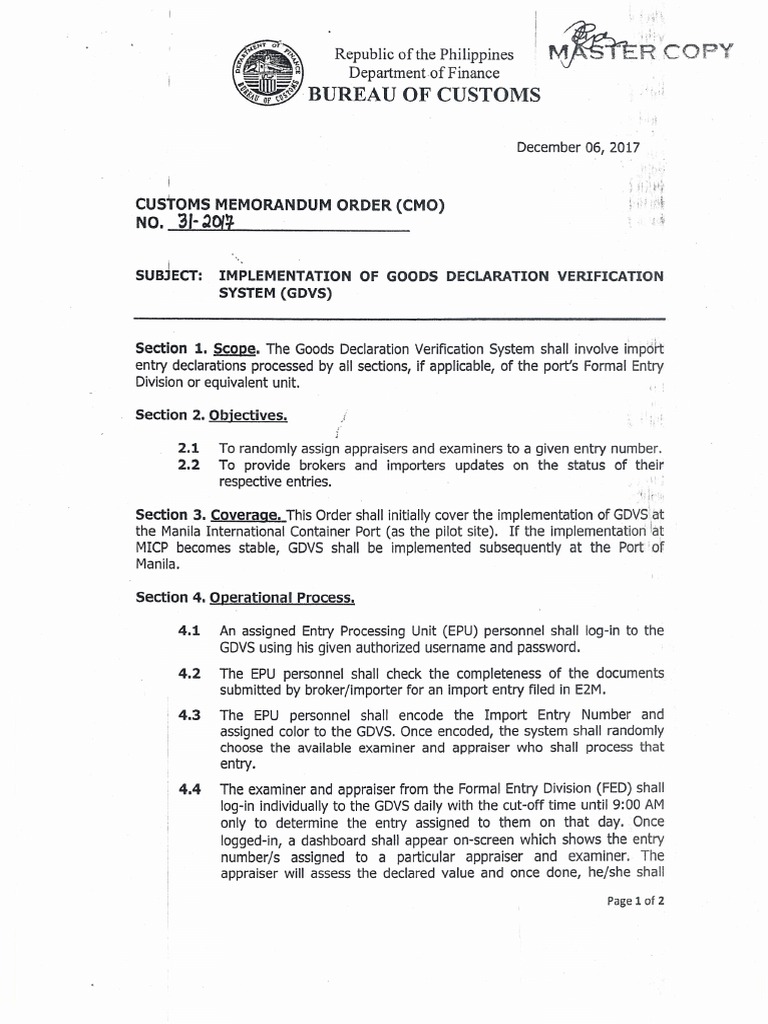 Bureau of Customs CMO-31-2017 Implementation of Goods Declaration Verification System | PDF ...