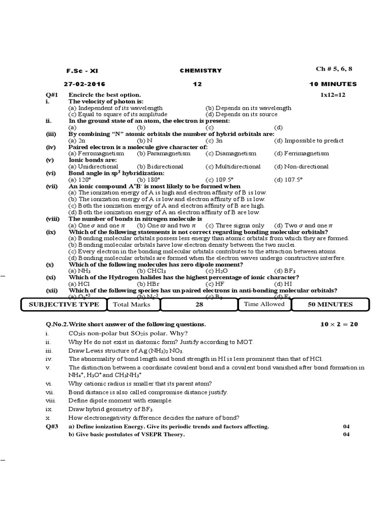 CH # 5, 6, 8 1st Year, 27-02-2016 | PDF | Chemical Bond | Chemical Polarity