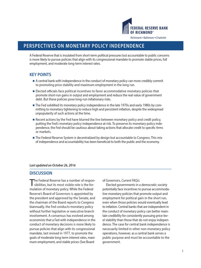 Monetary Policy Independence and the Federal Reserve's Commitment to ...