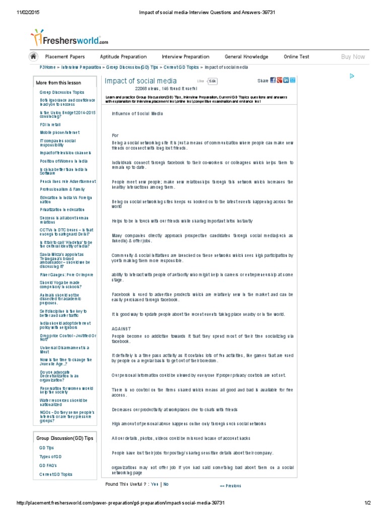 Impact of Social Media-Interview Questions and Answers-39731 | PDF | Social Media | Popular ...
