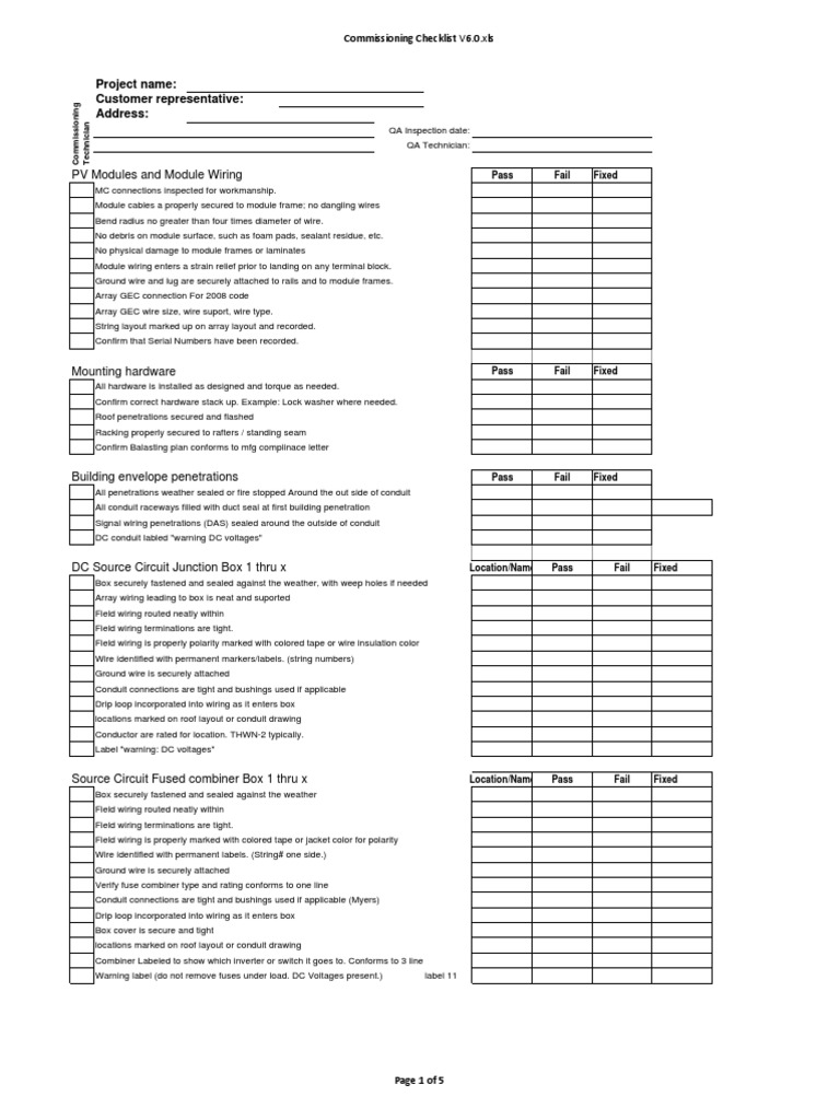 Solar PV System Commissioning Checklist | PDF | Electrical Wiring ...