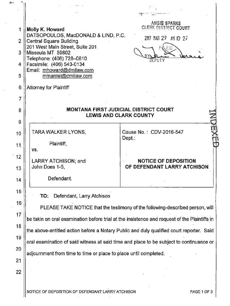 Notice of deposition of defendant Larry Atchison (3/29/17), Tara Walker ...