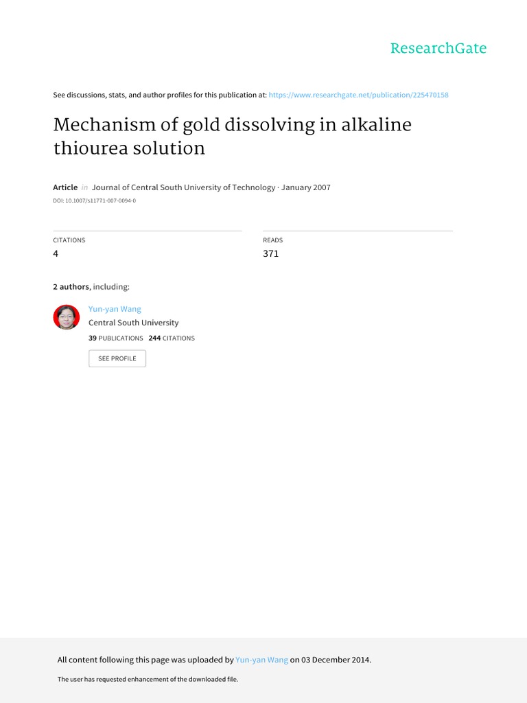 Mechanism of Gold Dissolving in Alkaline Thiourea | PDF | Adsorption ...