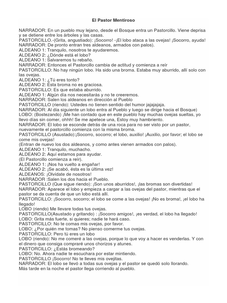 El Pastor Mentiroso: Moraleja y Cuento | PDF | Mentira