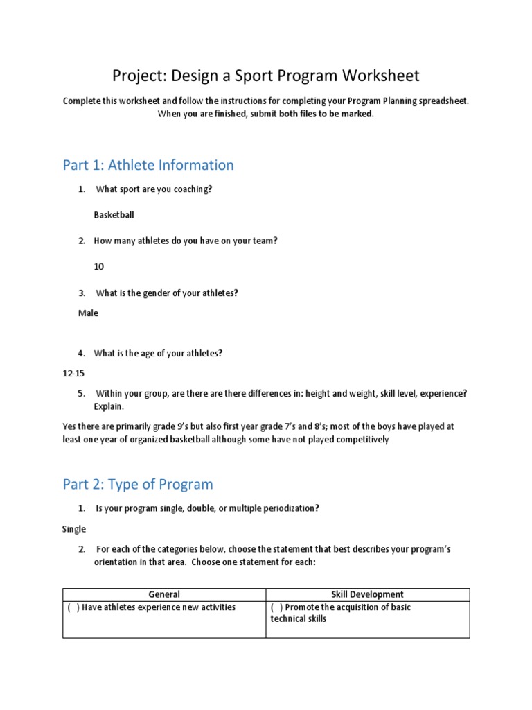 Project: Design A Sport Program Worksheet: Part 1: Athlete Information ...
