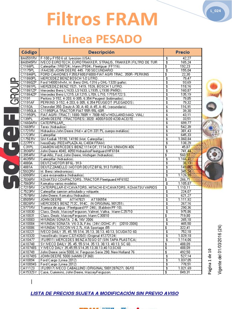 Equivalencias Fram | PDF | Tecnología de vehículos | Equipos de ...