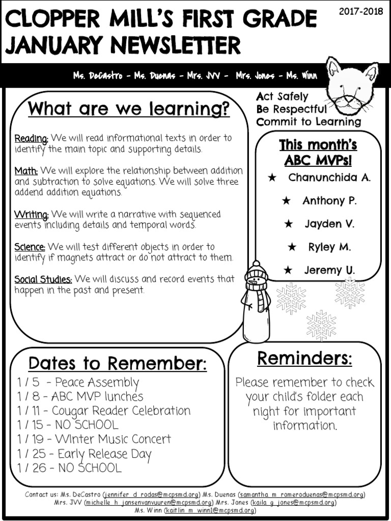 January 1st Grade Newsletter | PDF | Language Arts & Discipline