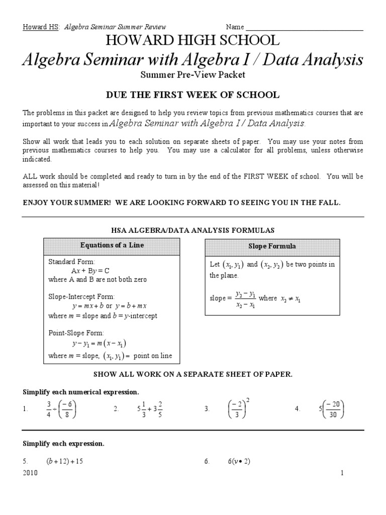 Algebra I Seminar Summer Review HOHS2010 | PDF | Algebra | Green