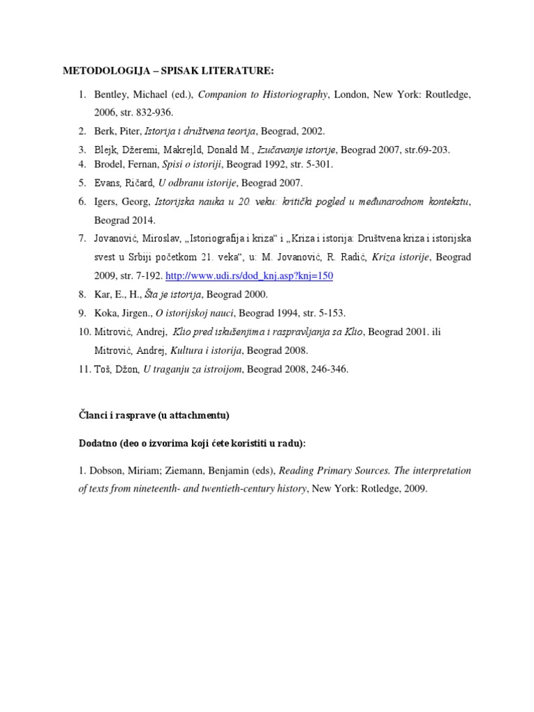 Metodologija - Spisak Literature:: of Texts From Nineteenth-And Twentieth-Century History, New ...