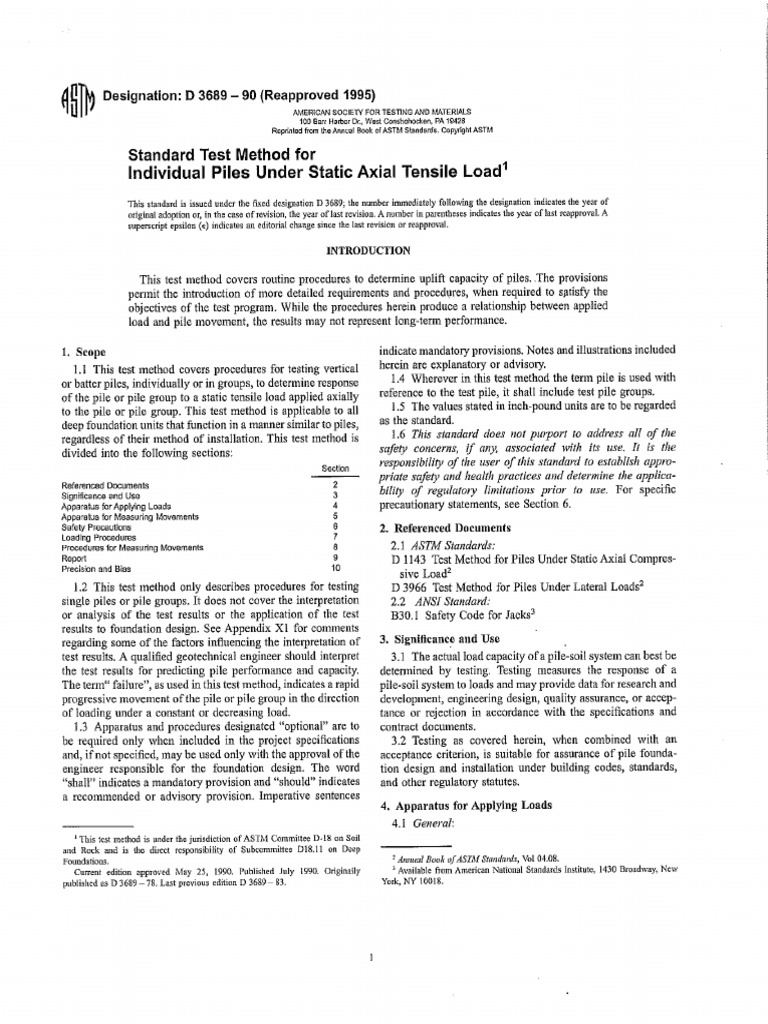 ASTM D-3689-95 Uplift Load Testing | PDF