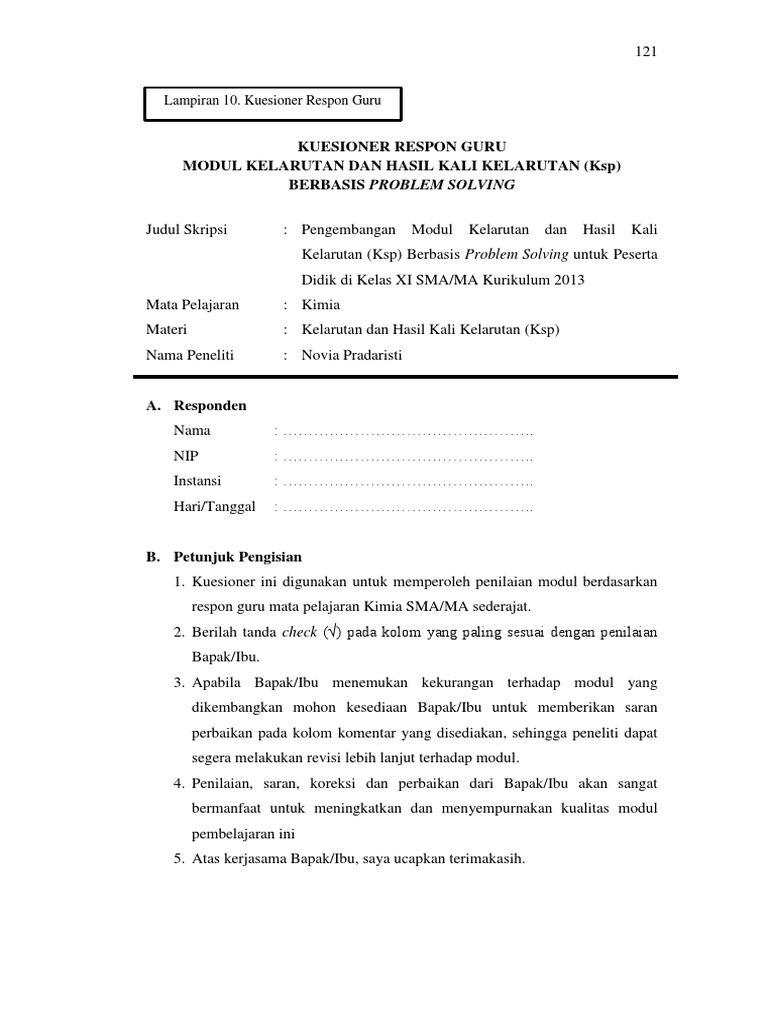 Contoh Kuesioner Respon Guru Untuk Pengembangan Modul Berbasis Problem ...