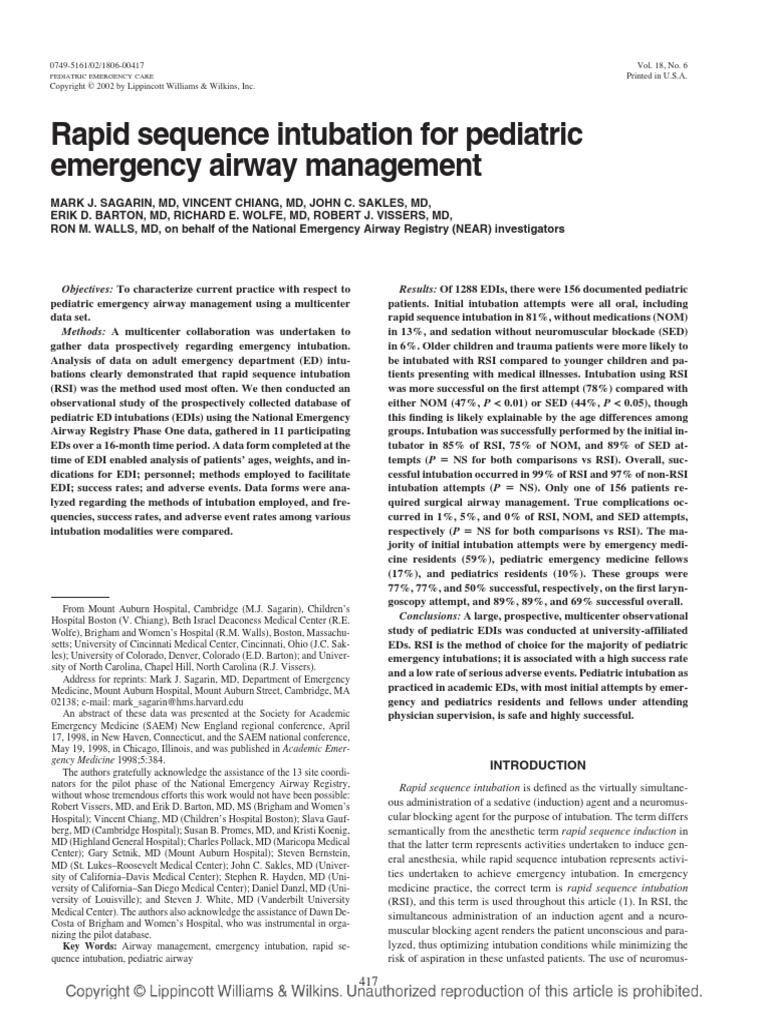 2002 Rapid Sequence Intubation For Pediatric | PDF | Emergency ...