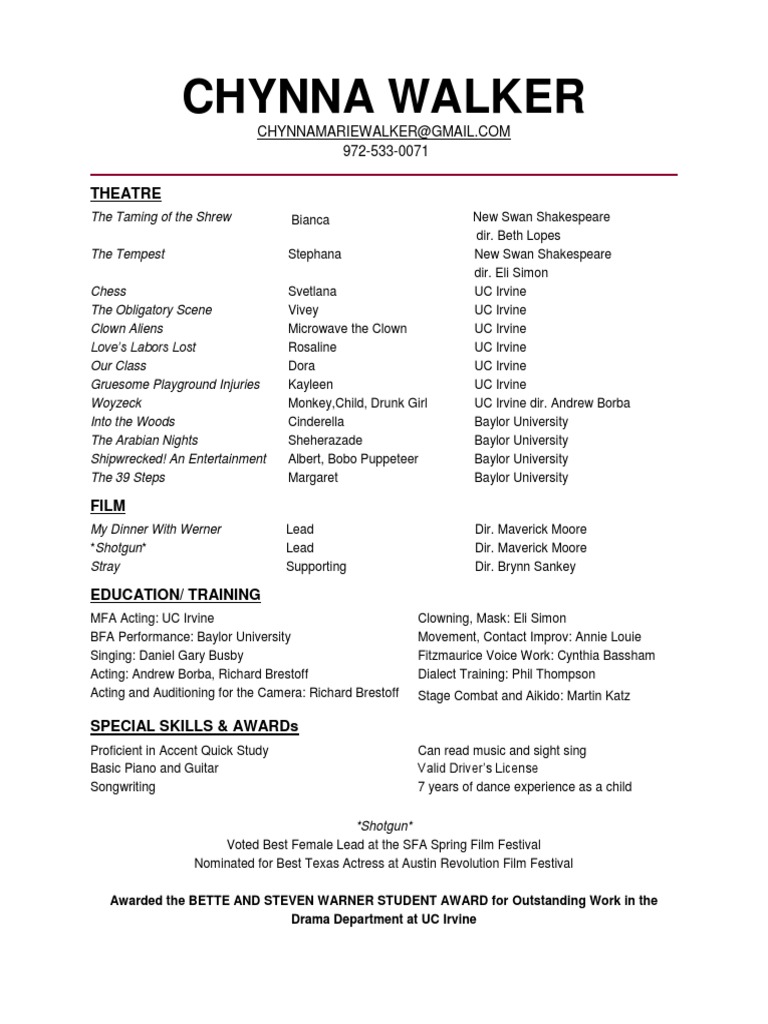 Chynna Walker Resume New 12 21 17 | PDF | Performing Arts | Entertainment