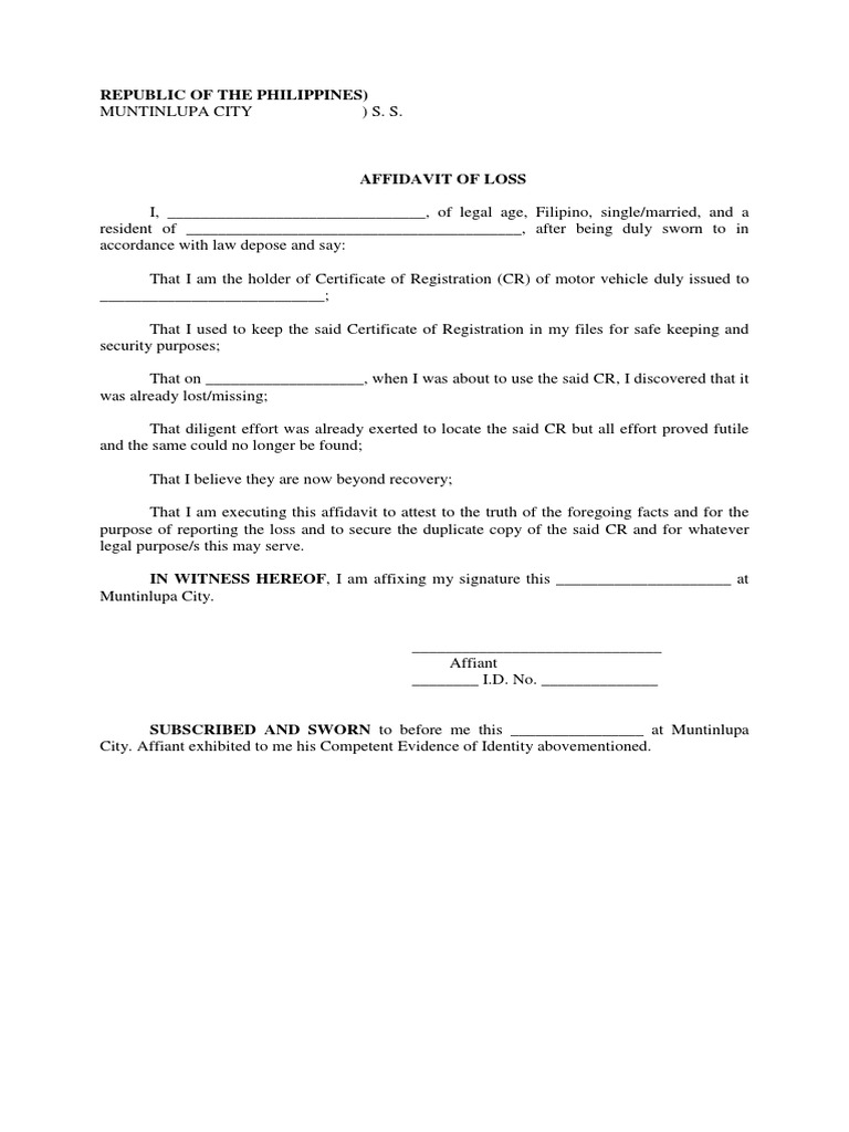 Affidavit of Loss CR-blank | PDF | Affidavit | Civil Law (Common Law)