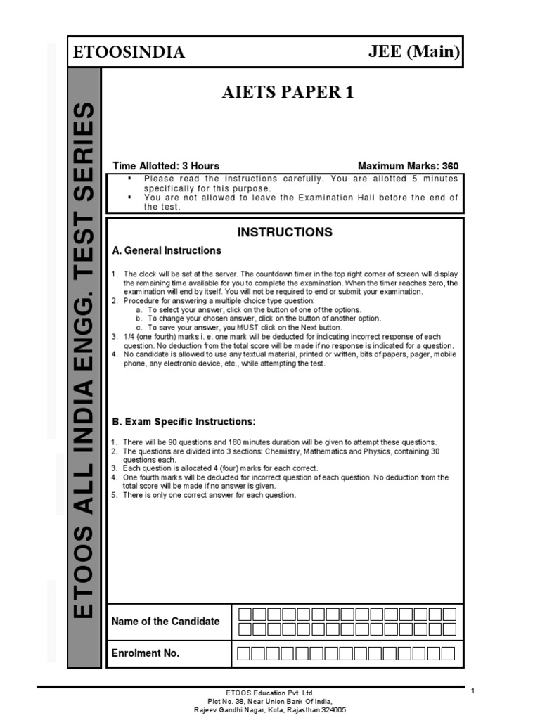 Jee Main Mock Test 1 Questions With Solution PDF | PDF | Ion | Kilogram