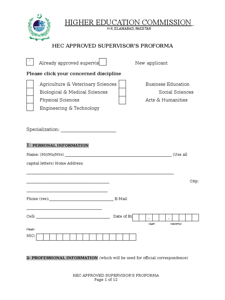 Higher Education Commission: Hec Approved Supervisor'S Proforma | PDF ...