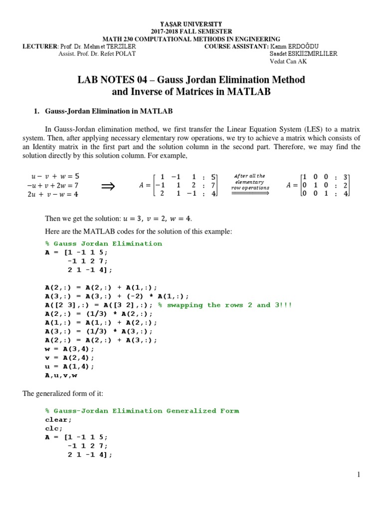 LAB 04 - Gauss Jordan and Inverse of Matrices in MATLAB | PDF | Matrix ...
