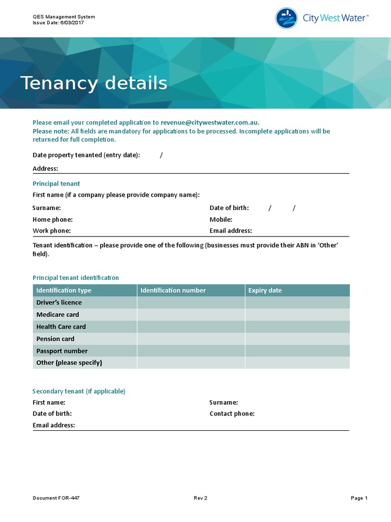 Change of Tenant Application Form | PDF | Identity Document | Official ...