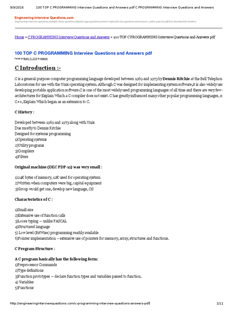 100 TOP C PROGRAMMING Interview Questions and Answers | PDF | C ...