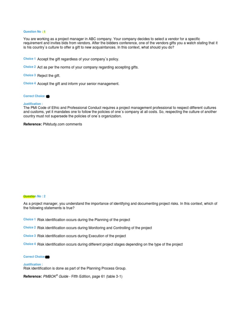 PMstudy Exam 1 | PDF | Project Management | Risk Management