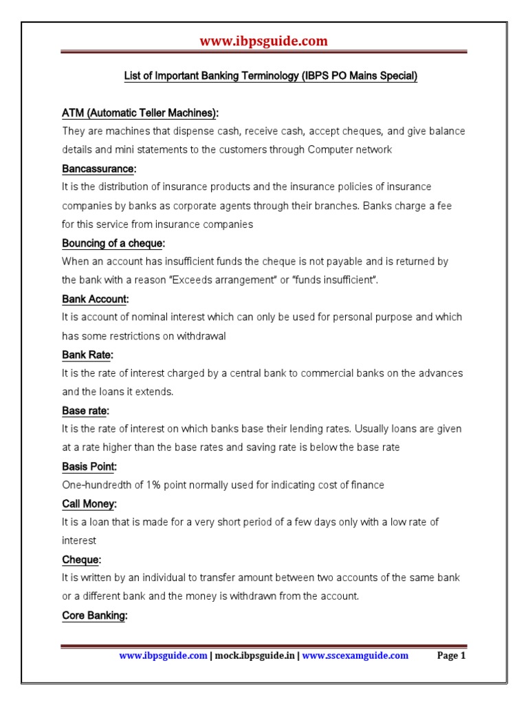List of Important Banking Terminology (IBPS PO Mains Special) | PDF ...