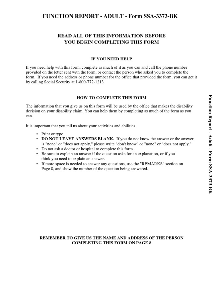 Ssa3373 Function Report Adult | PDF | Social Security Administration ...