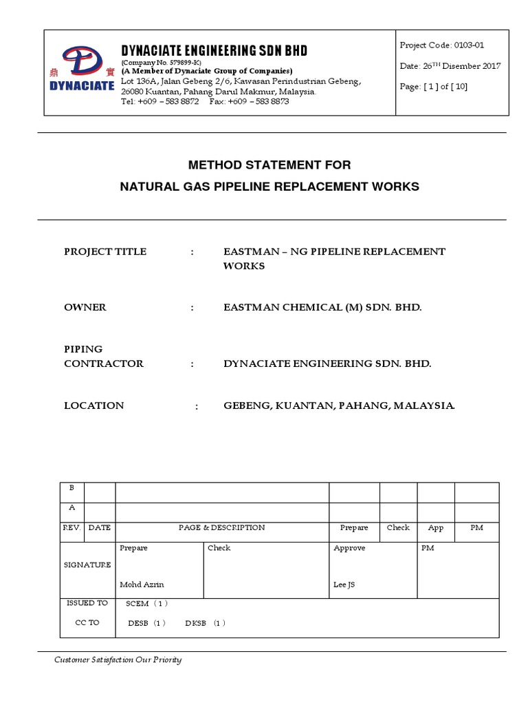 Method Statement for Natural Gas Pipeline Replacement Works at Eastman ...