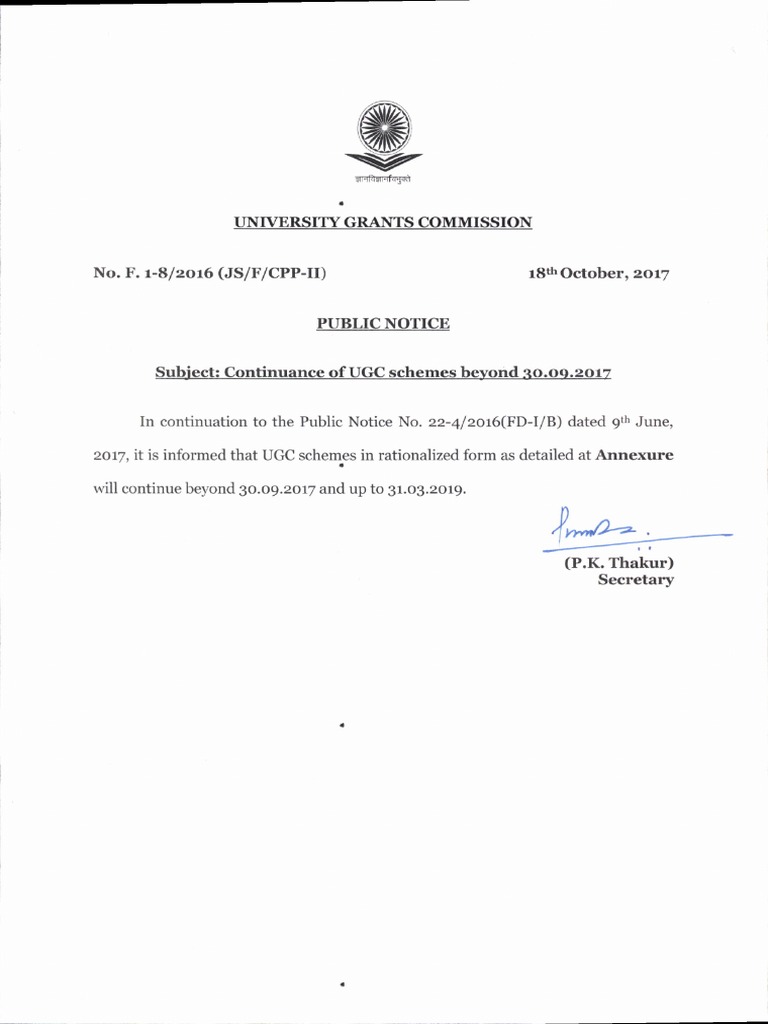 UGC Public Notice Continuation of UGC Schemes | PDF | University | Academia