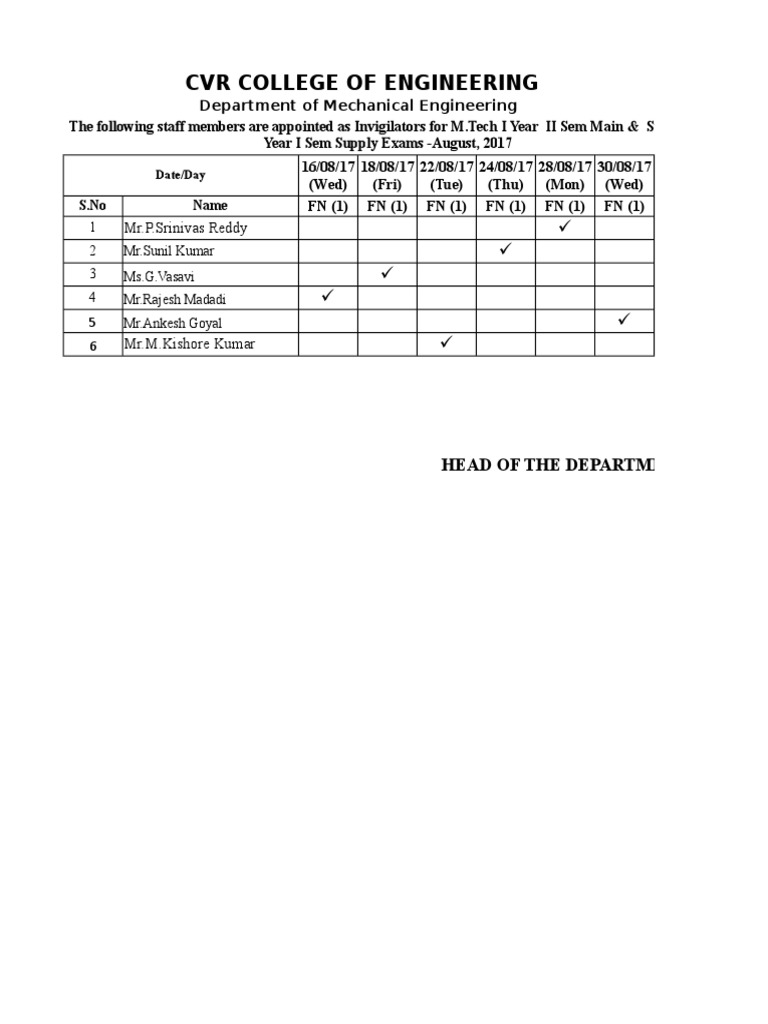 Invigilation Duties 2017-2018 | PDF