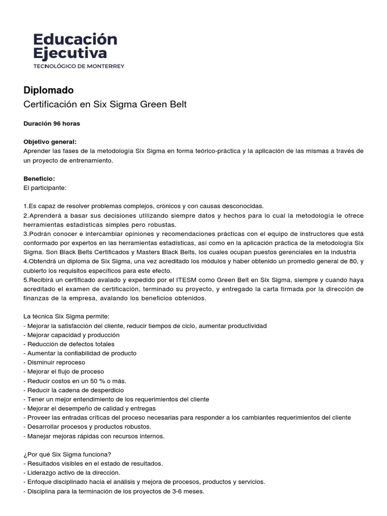 Diplomado Six Sigma Green Belt 96 horas | PDF | Six Sigma | Calidad (comercial)