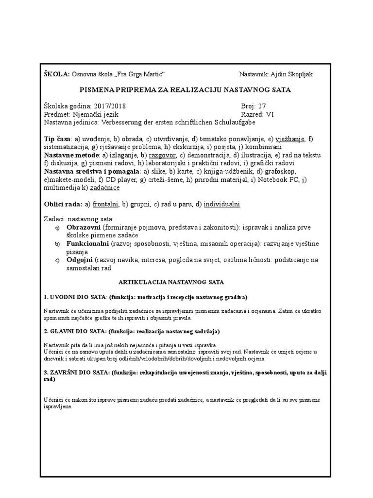 Šesti Razred, Ispravak Pismene Zadaće, Priprema | PDF