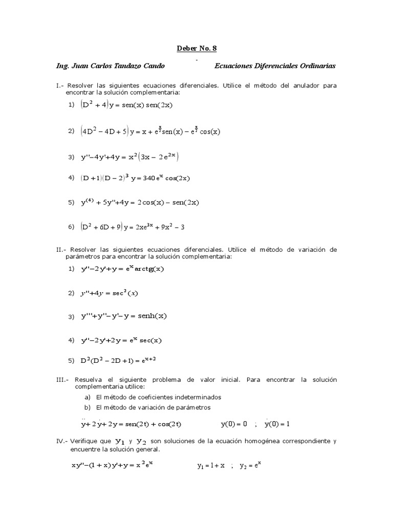 Deber 8 de EDO | PDF | Ecuaciones diferenciales | Ecuaciones