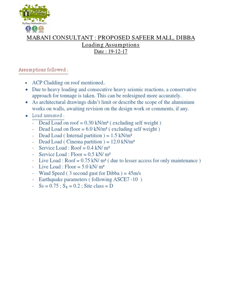 Mabani Consultant: Proposed Safeer Mall, Dibba Loading Assumptions | PDF | Structural Load ...