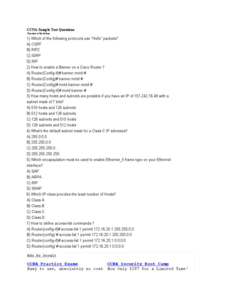 CCNA Sample Test Questions | PDF | Telecommunications Infrastructure ...