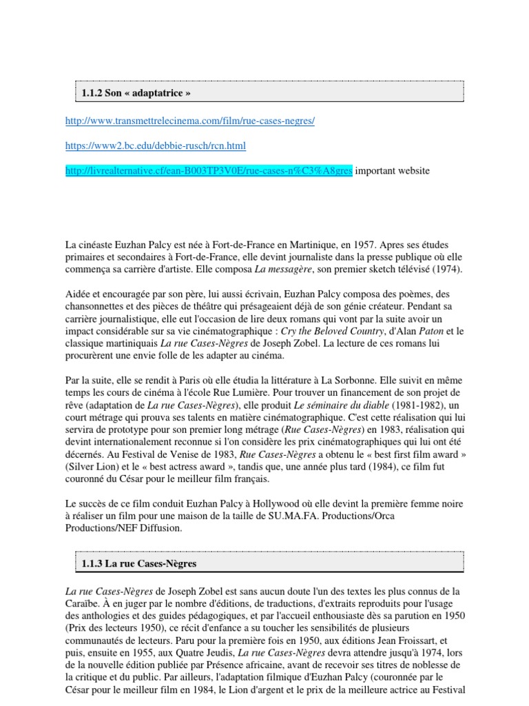 Rue Cases-Nègres : Histoire et Adaptation | PDF | Cinématographie ...