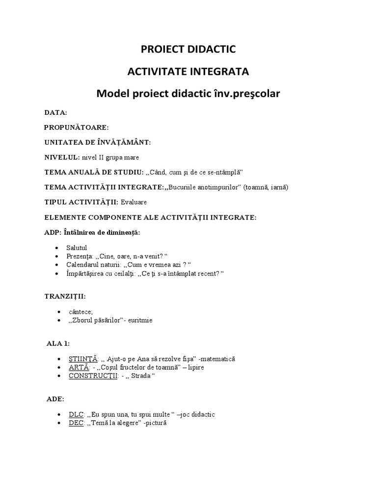 Model Proiect Didactic Inv Pre-Scolar PDF | PDF