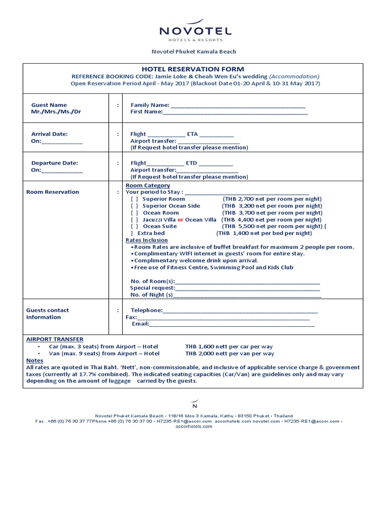 Novotel Phuket Wedding Reservation Form | PDF | Credit Card | Cheque